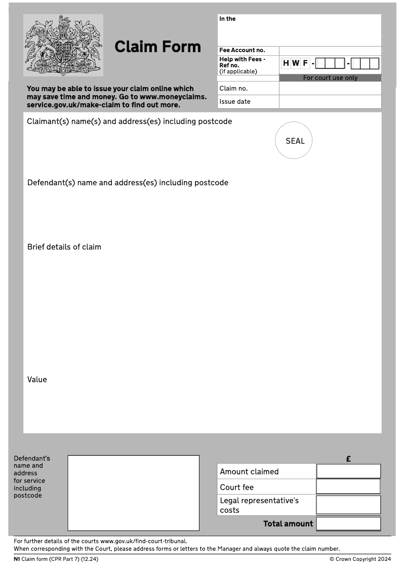 N1 Claim form (CPR Part 7)