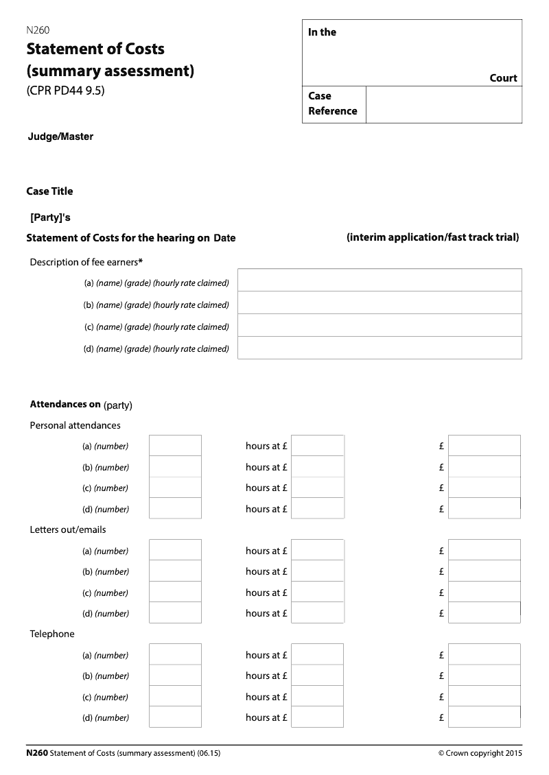 N260 Statement of Costs (summary assessment)